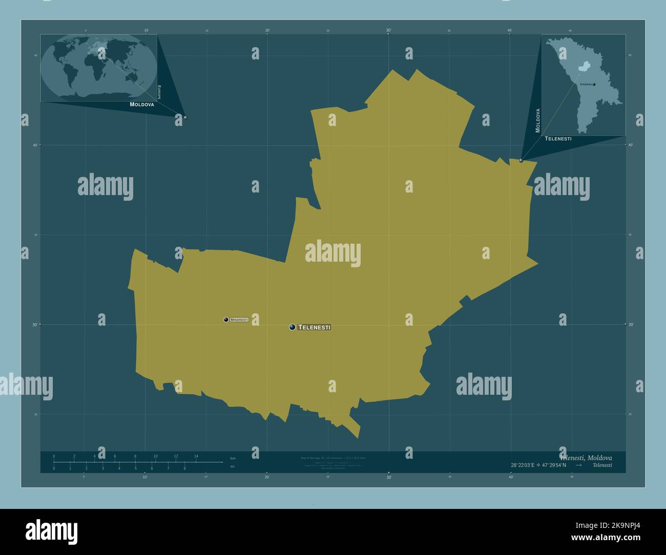 Telenesti, district of Moldova. Solid color shape. Locations and names ...