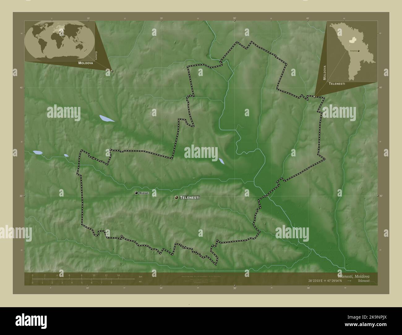 Telenesti, district of Moldova. Elevation map colored in wiki style ...