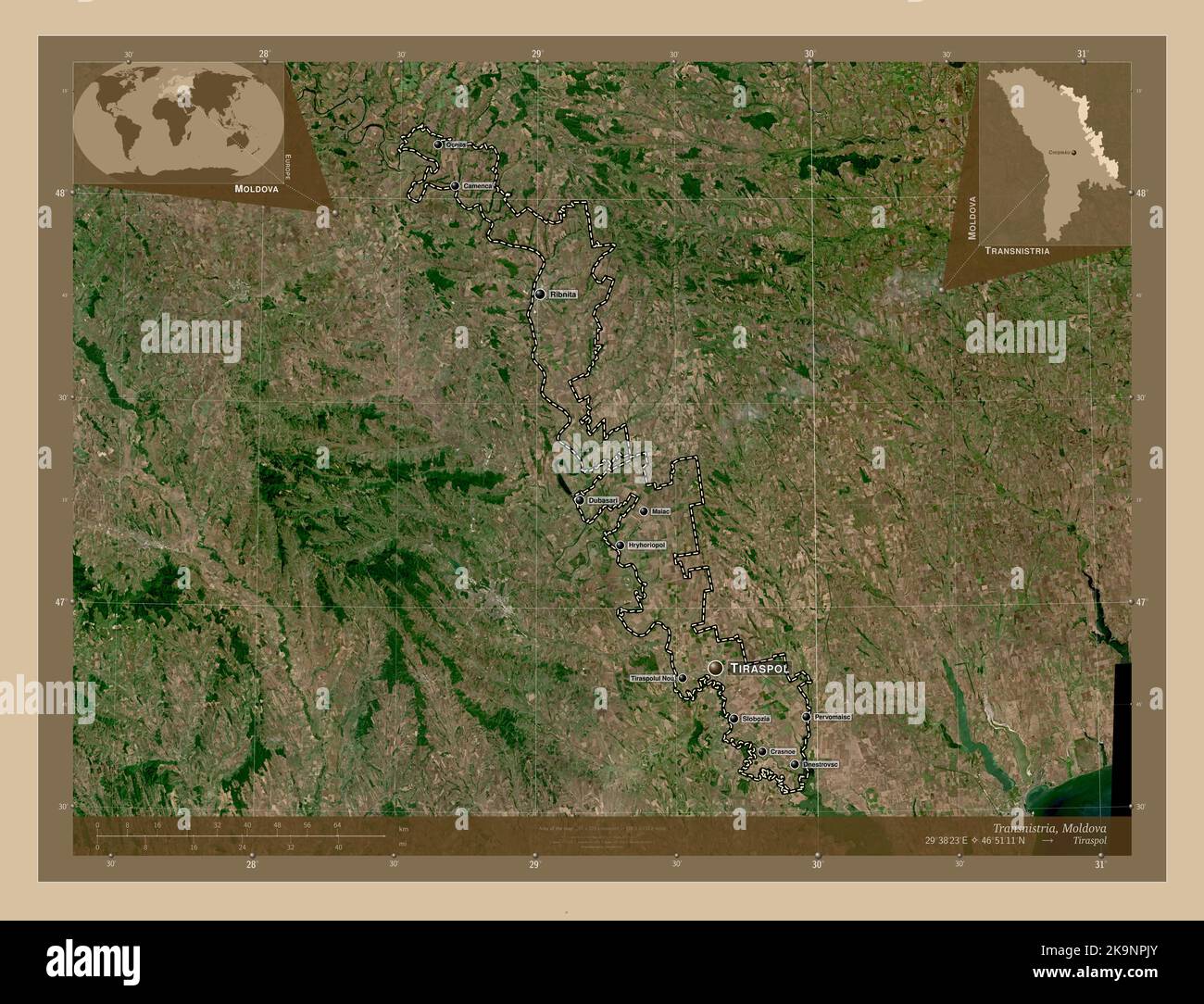 Transnistria, territorial unit of Moldova. Low resolution satellite map ...