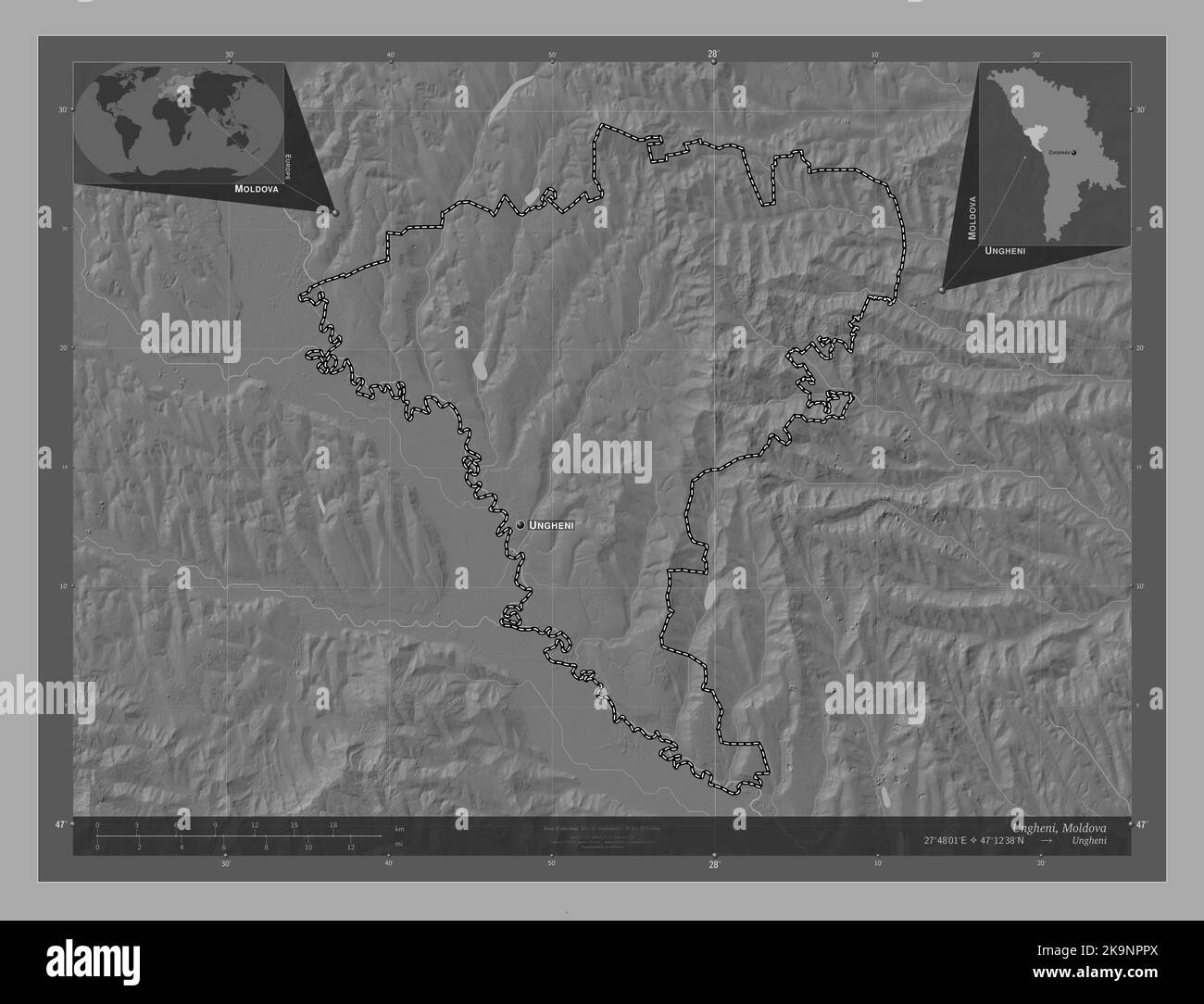 Ungheni, district of Moldova. Bilevel elevation map with lakes and ...
