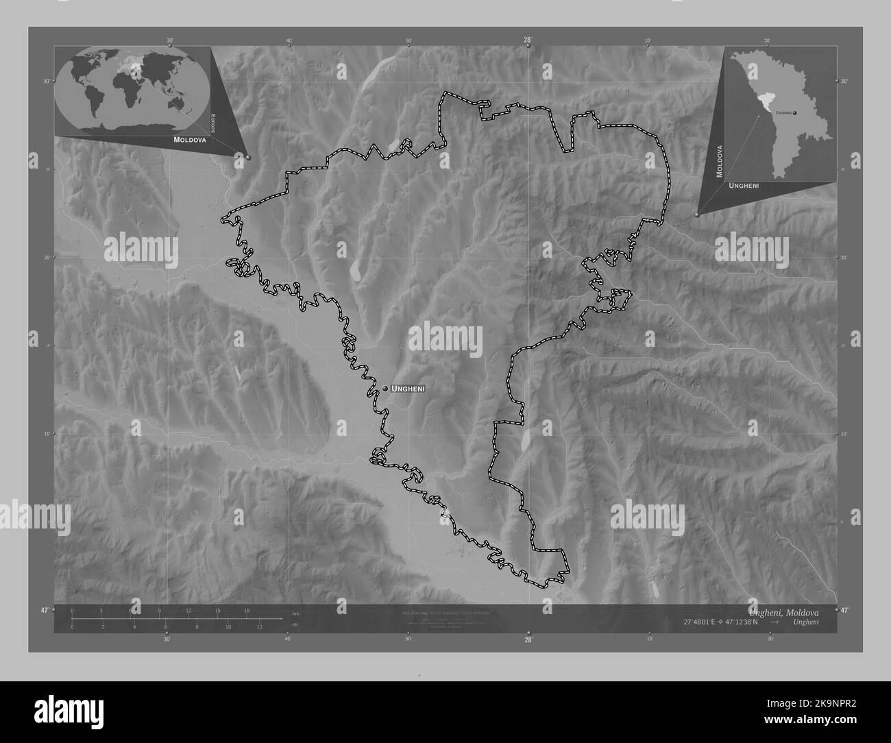 Ungheni, district of Moldova. Grayscale elevation map with lakes and ...
