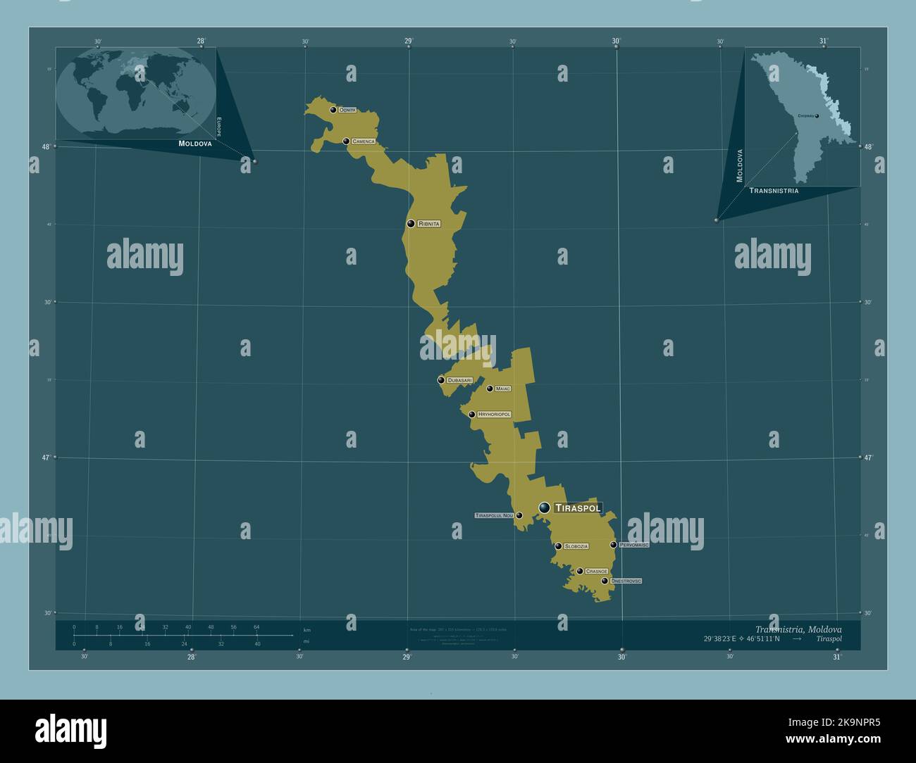 Transnistria, territorial unit of Moldova. Solid color shape. Locations ...