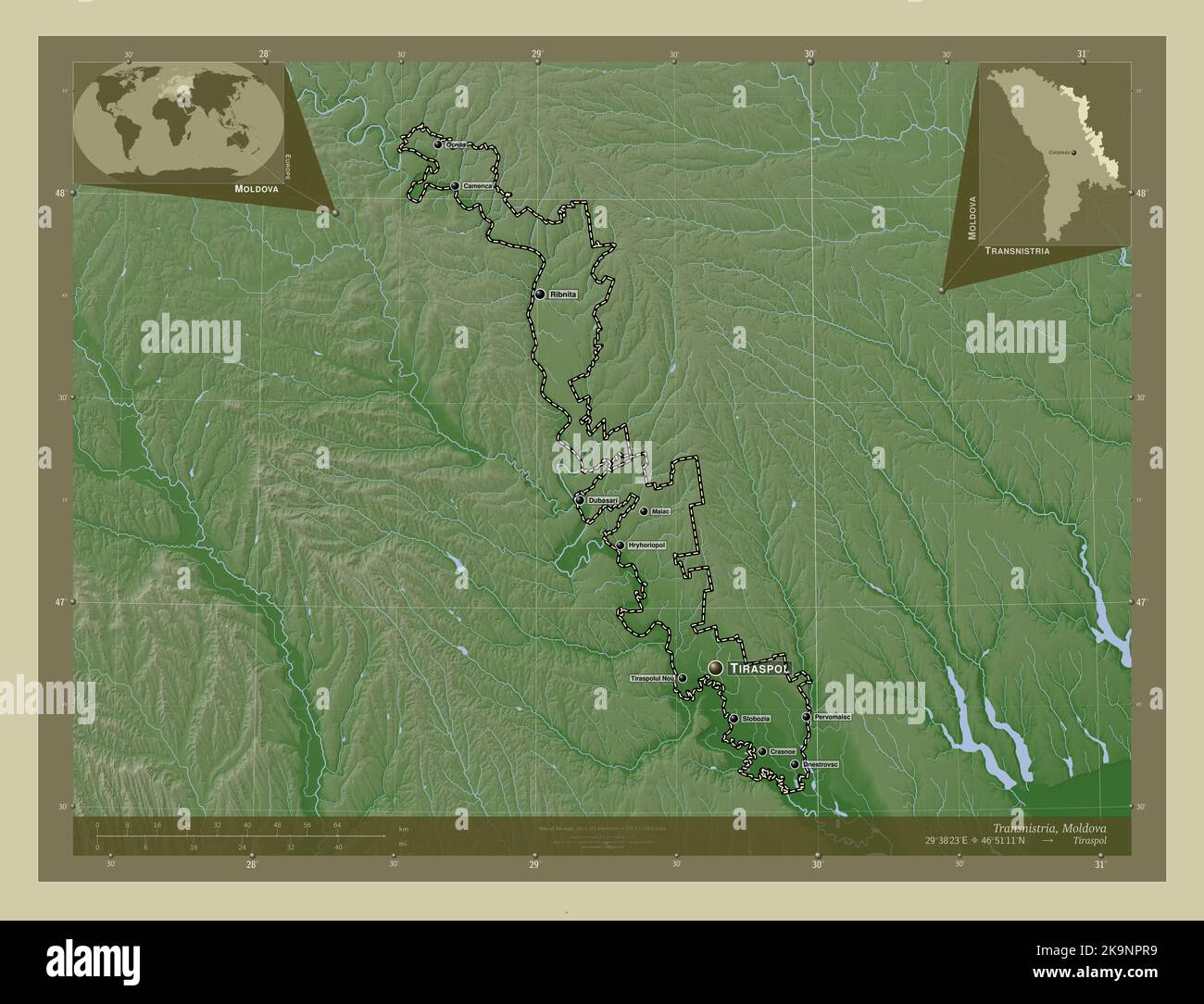 Transnistria, territorial unit of Moldova. Elevation map colored in ...