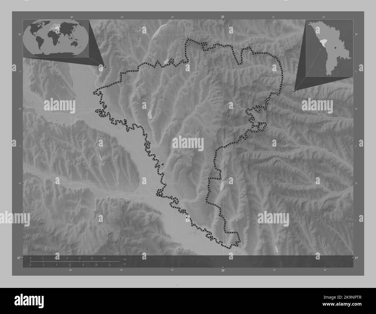 Ungheni, district of Moldova. Grayscale elevation map with lakes and ...