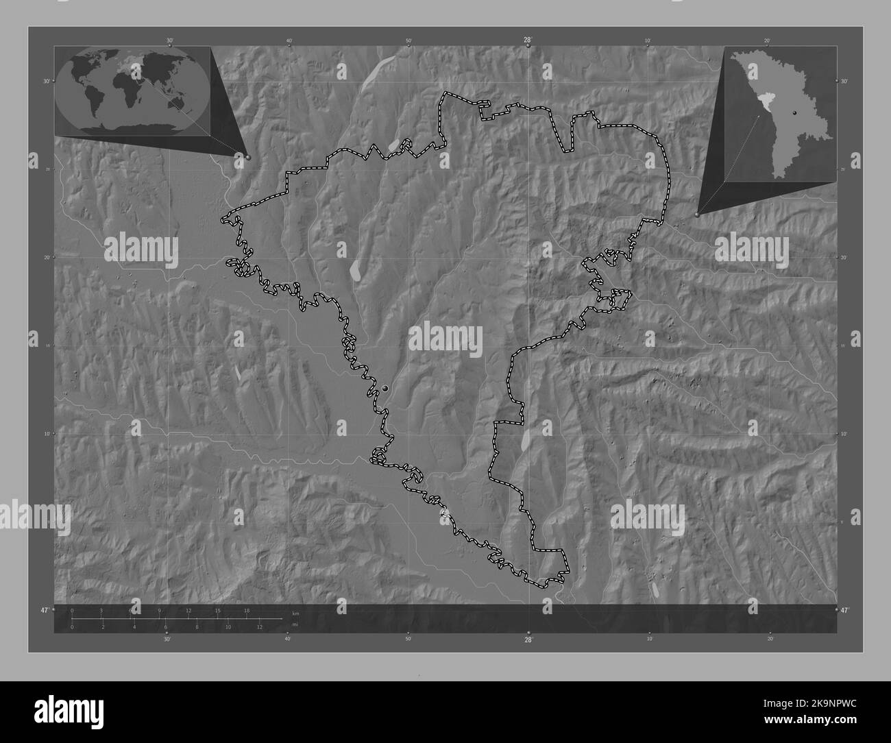Ungheni, district of Moldova. Bilevel elevation map with lakes and ...