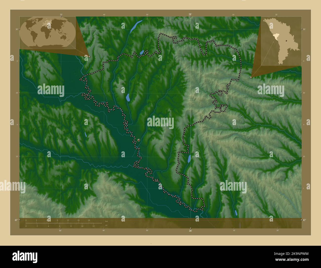 Ungheni, district of Moldova. Colored elevation map with lakes and ...