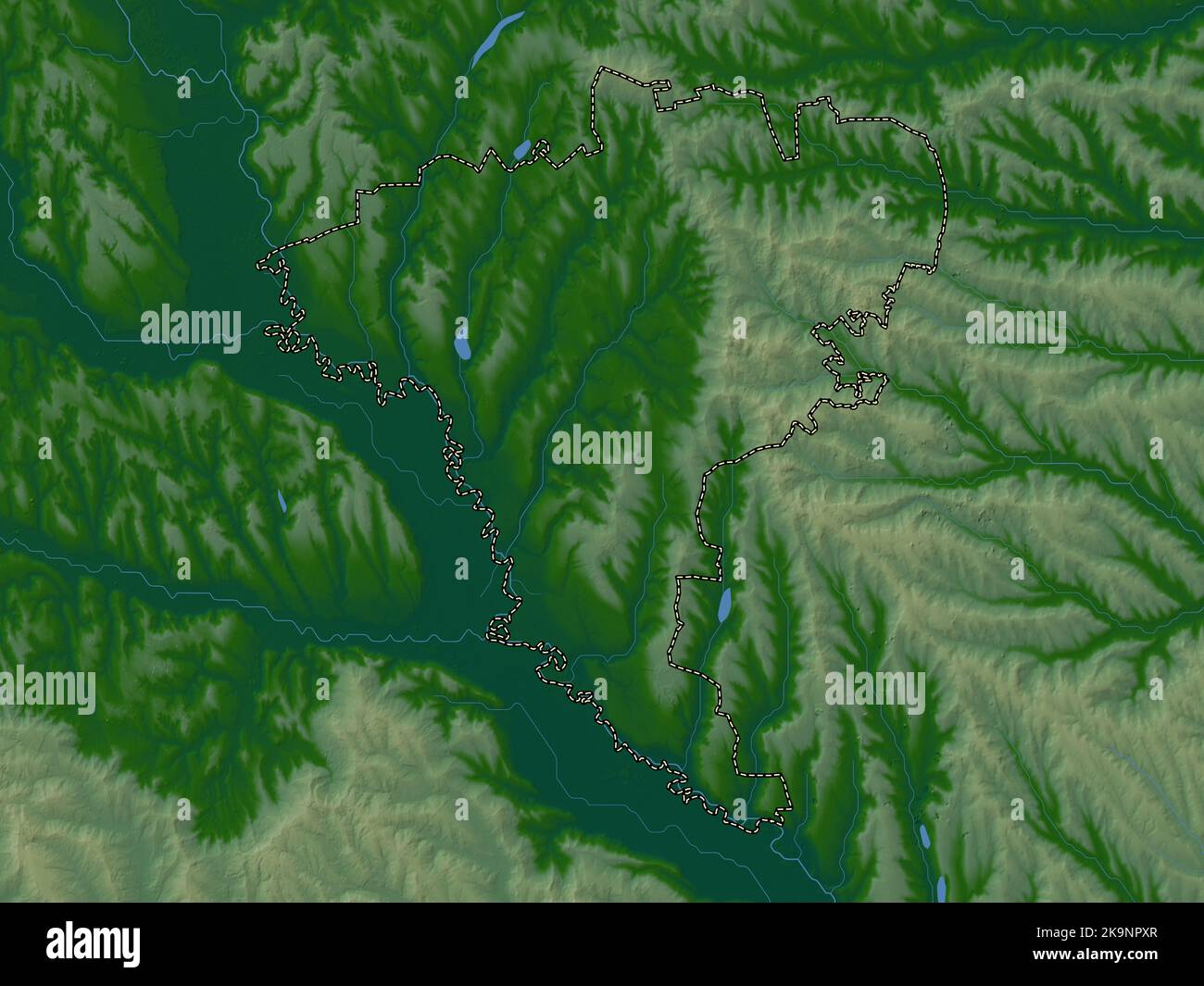 Ungheni, district of Moldova. Colored elevation map with lakes and ...