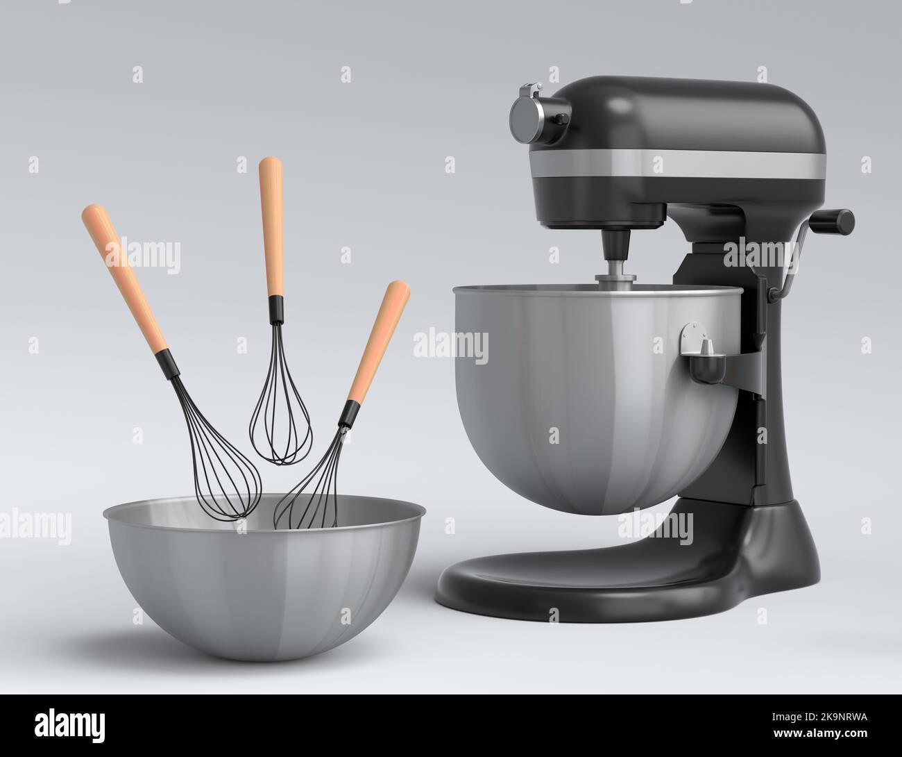 Mixer and metal bowl with kitchen utensil for preparation of dough on ...