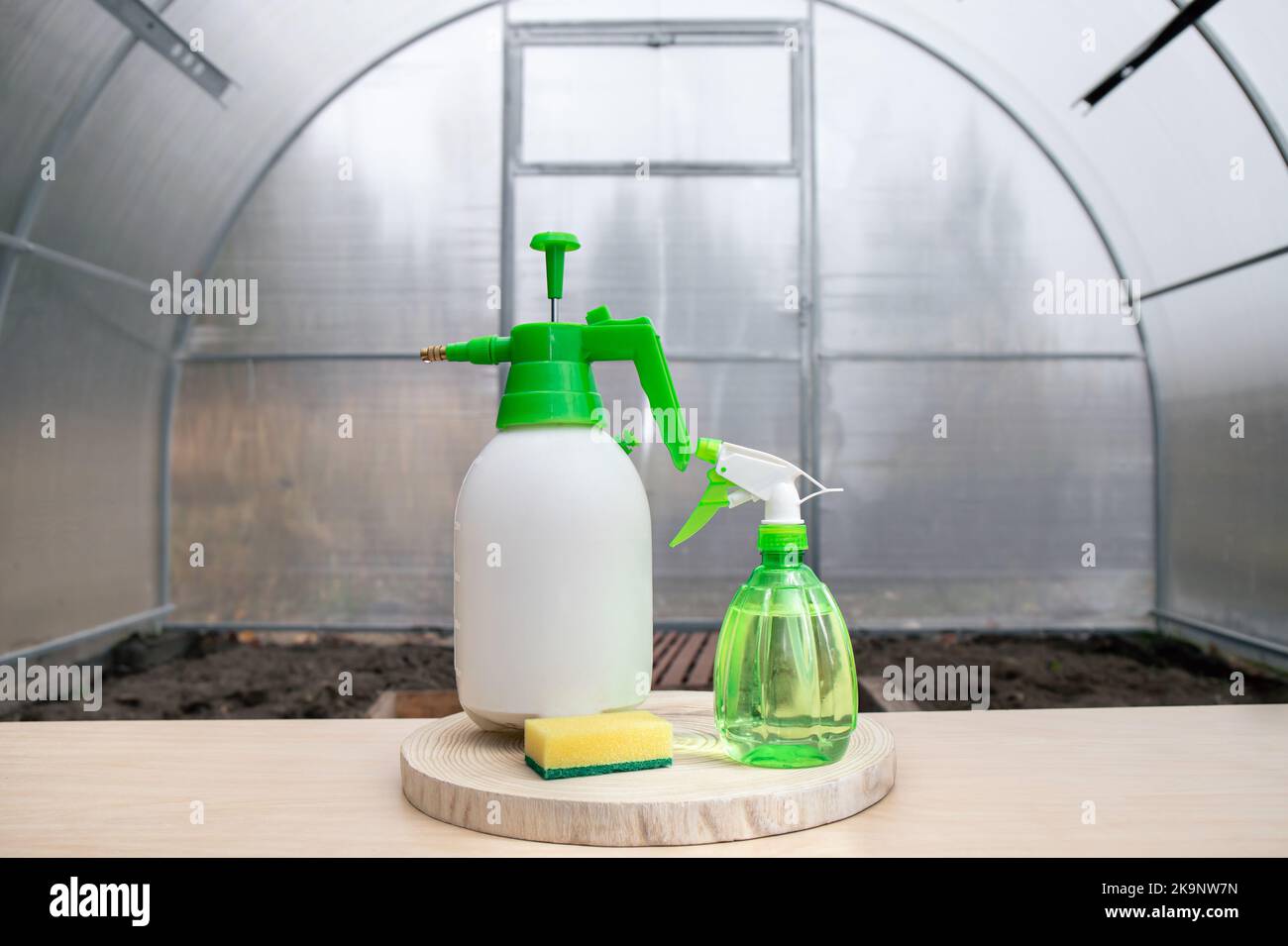 Greenhouse cleaning products on table, still life. Cleaning and washing ...