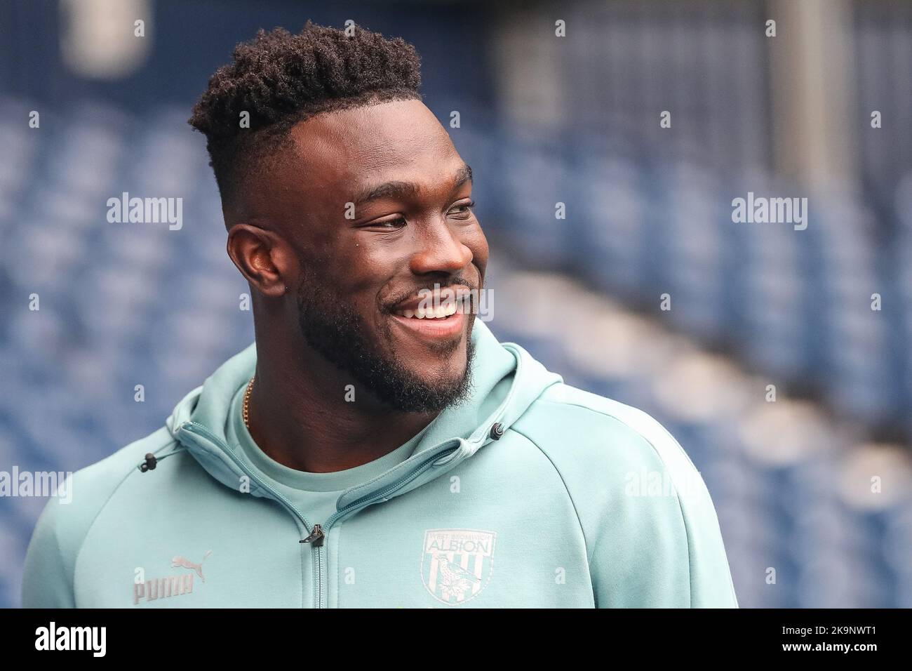 Daryl Dike #12 of West Bromwich Albion arrives ahead of the Sky Bet ...