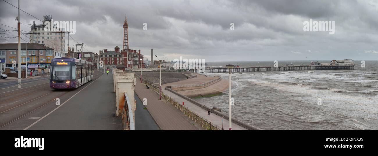 Passing Blackpool Pleasant Street with Blackpool tower and north pier ...