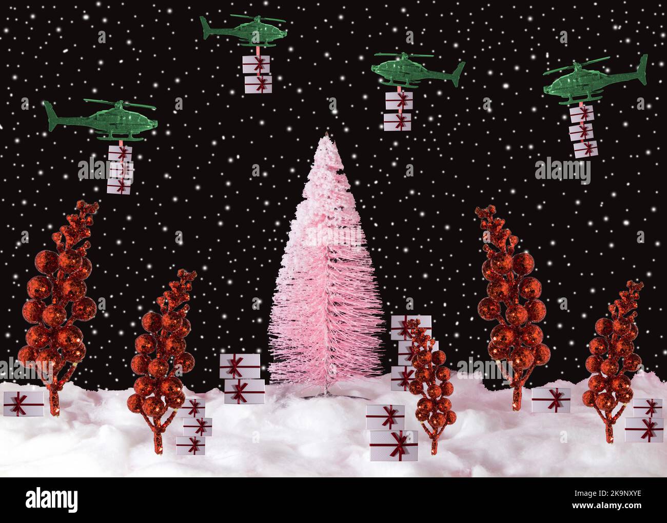 creative holiday ambience, night snow scene, Christmas tree in the ...