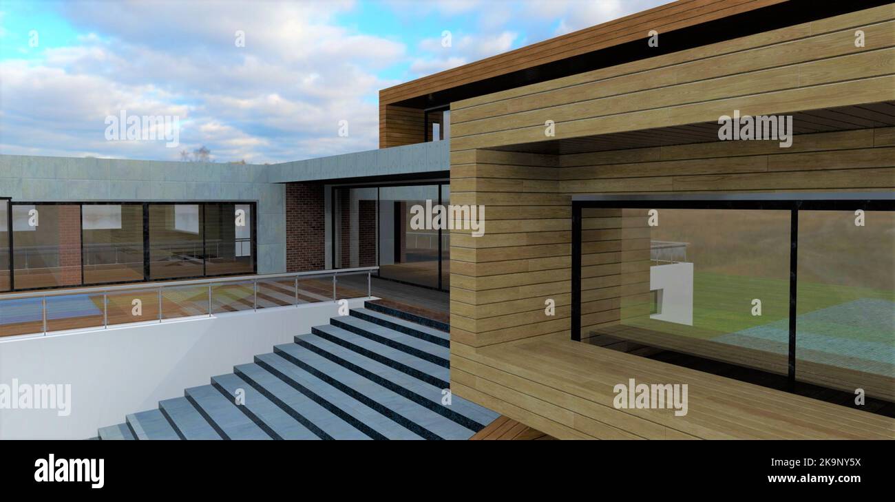 Architectural abstraction. Balcony with wooden trim. Wide stone ...