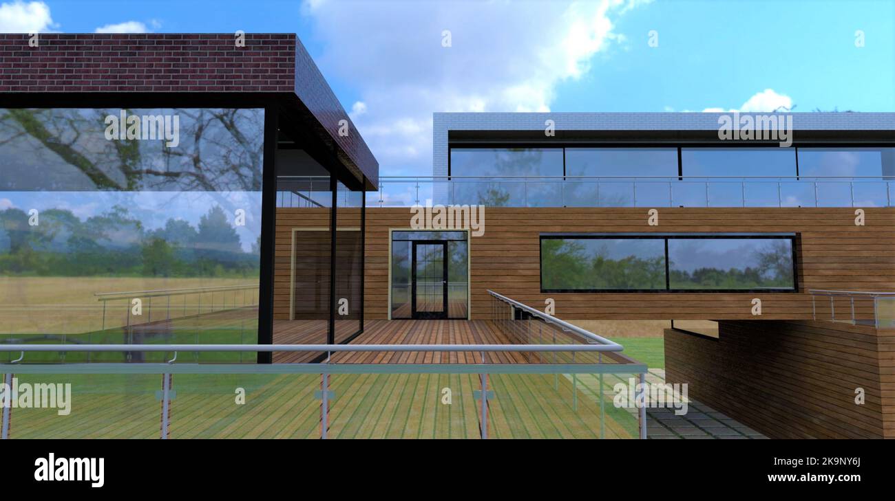 Terrace of a luxury home, enclosed by glass panels with steel fastening ...