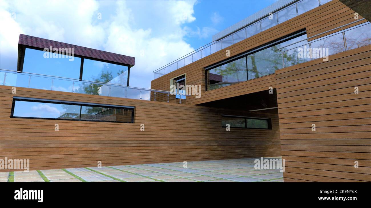 Architectural solution wood finishing of the facade of a modern house ...