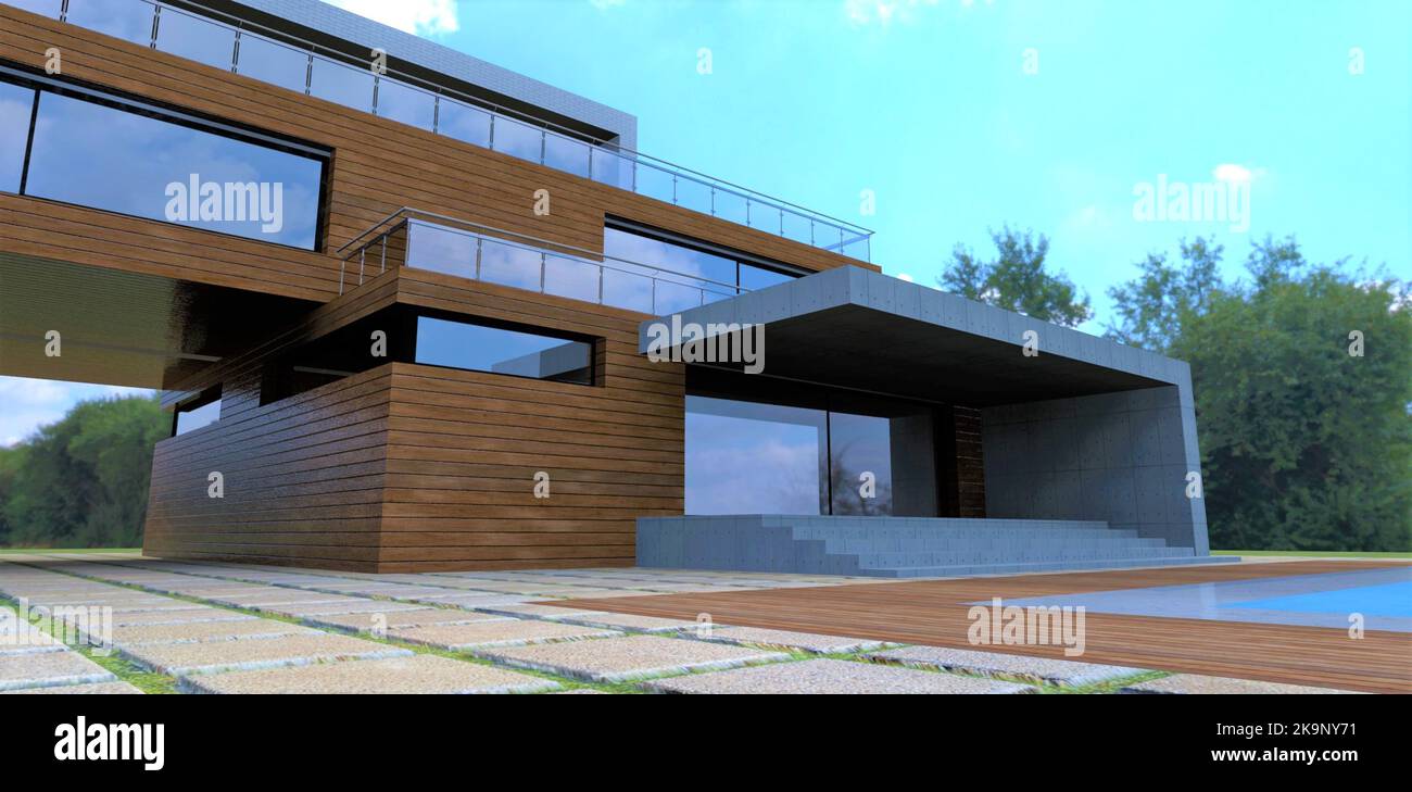 Concrete porch with glass sliding automatic front doors. In the yard ...