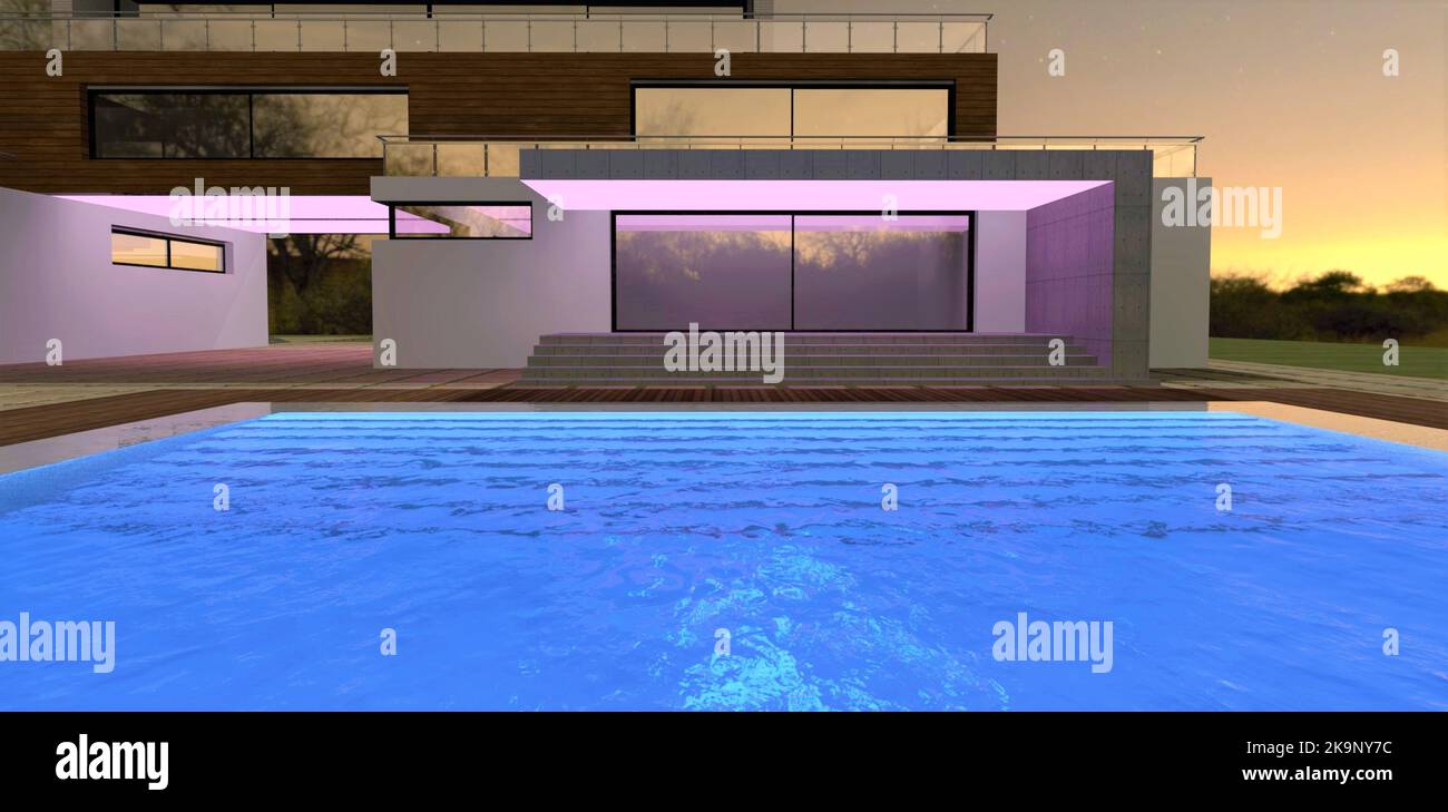 Swimming pool lighting of an advanced modern home. The waves on the ...