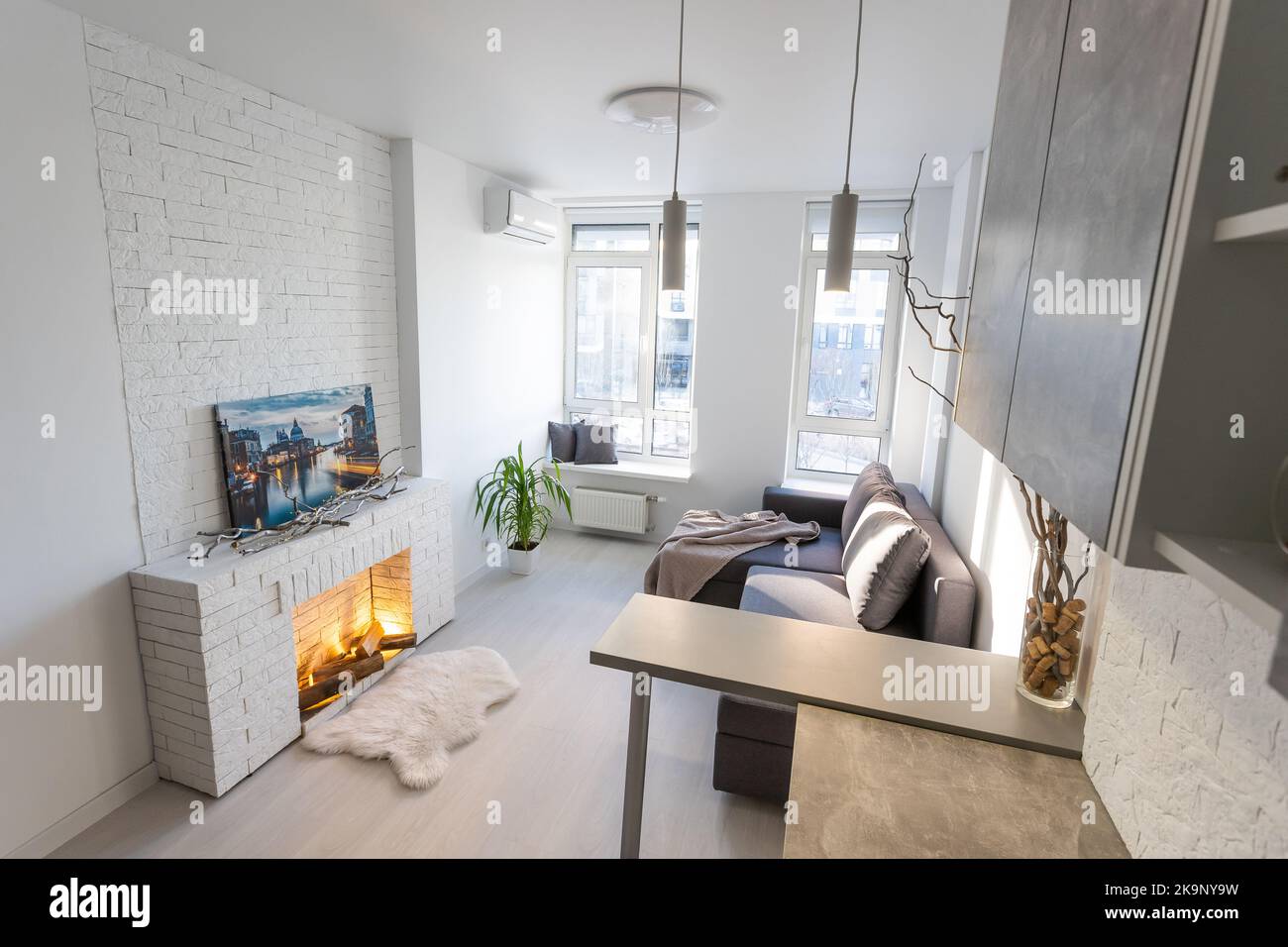 Modern minimalistic dark gray loft style studio apartment interior ...