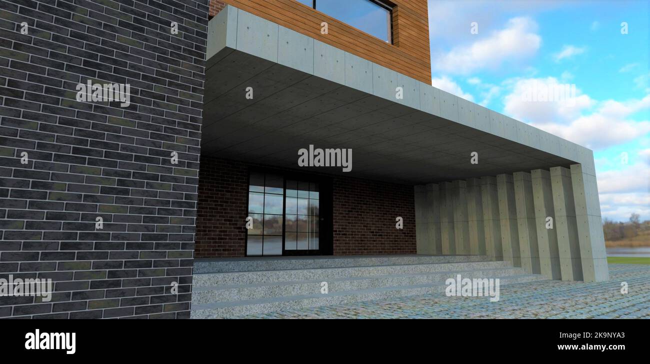 Designer porch made of concrete of an advanced modern building built in ...