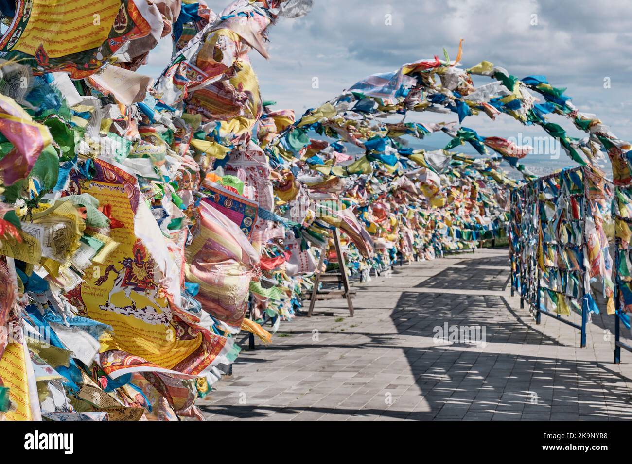 Flags of luck, ritual flags with mantras. Buddhist datsan Rinpoche ...
