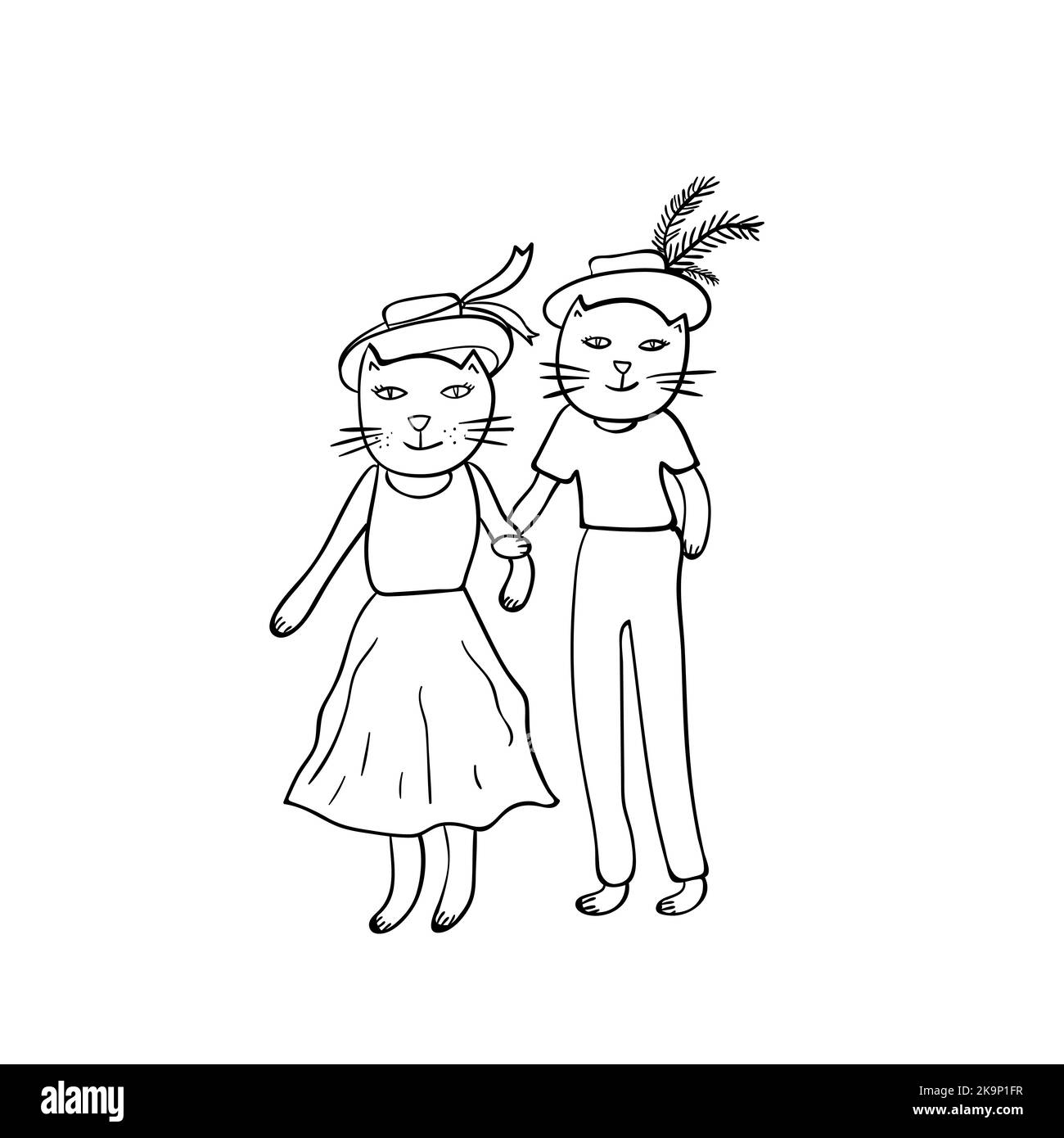 Funny illustration of two cats in cartoon style. Coloring book page ...