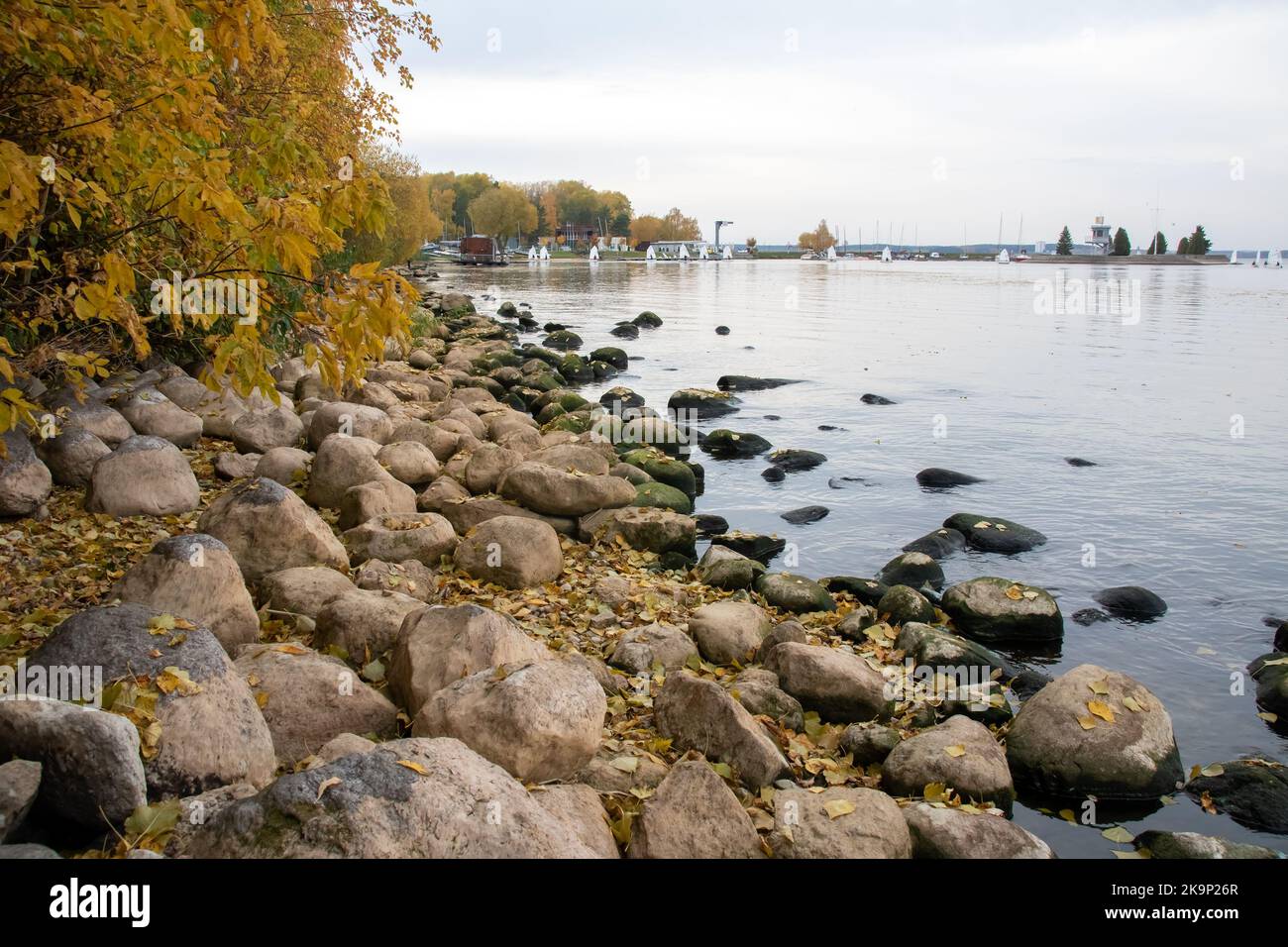 Large stones on the shore of the lake in autumn close up Stock Photo ...