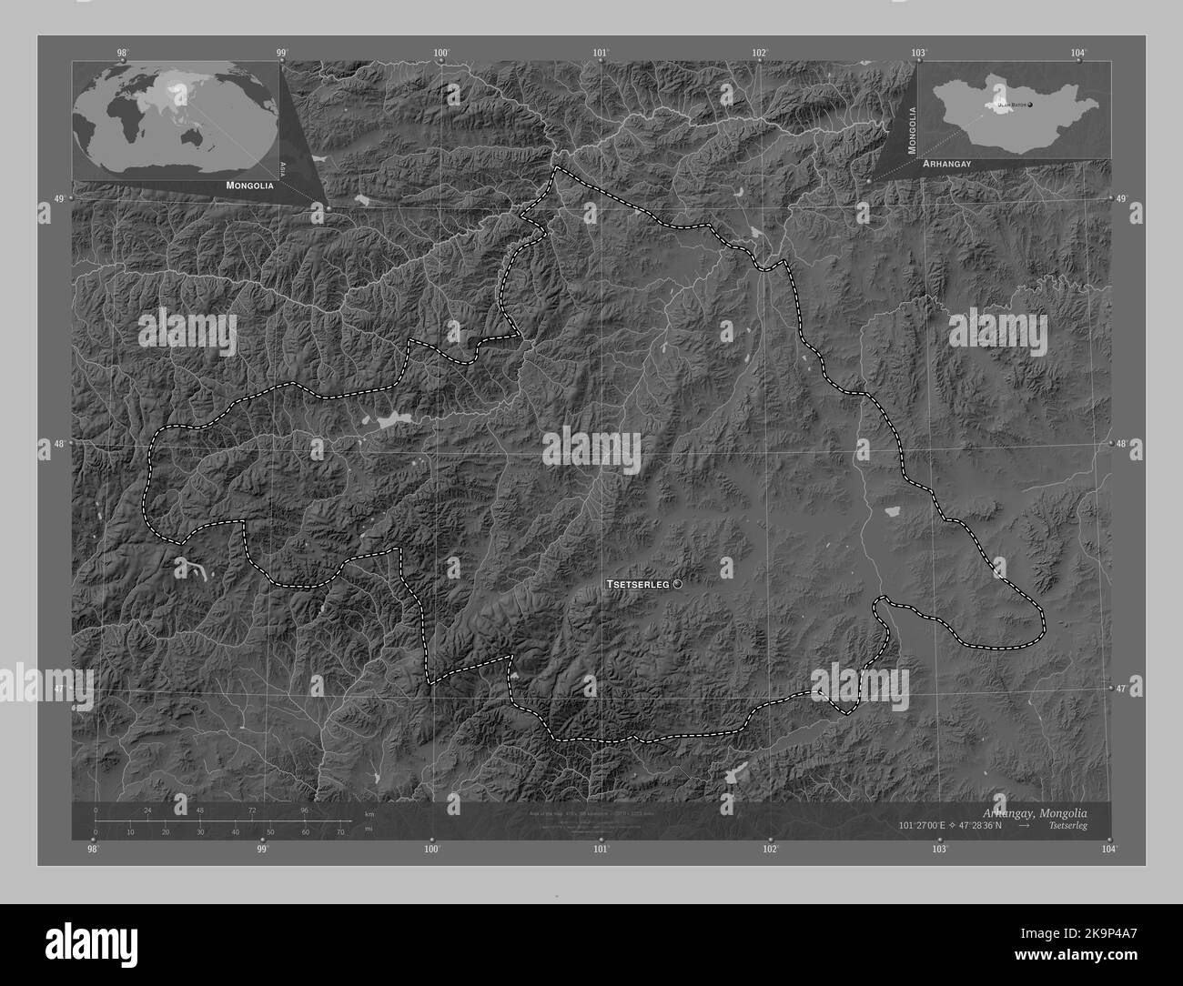 Arhangay, province of Mongolia. Grayscale elevation map with lakes and ...