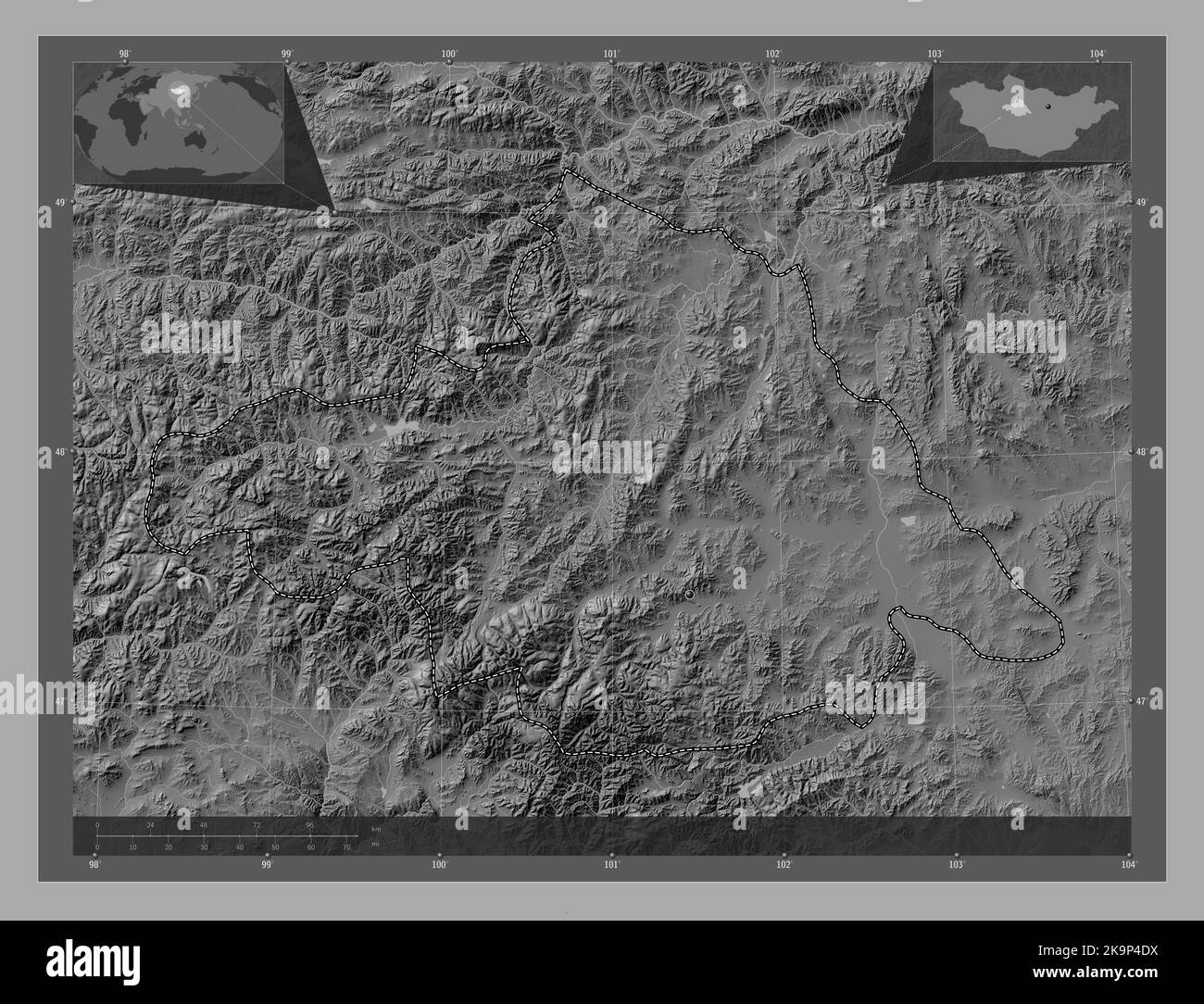 Arhangay, province of Mongolia. Bilevel elevation map with lakes and ...