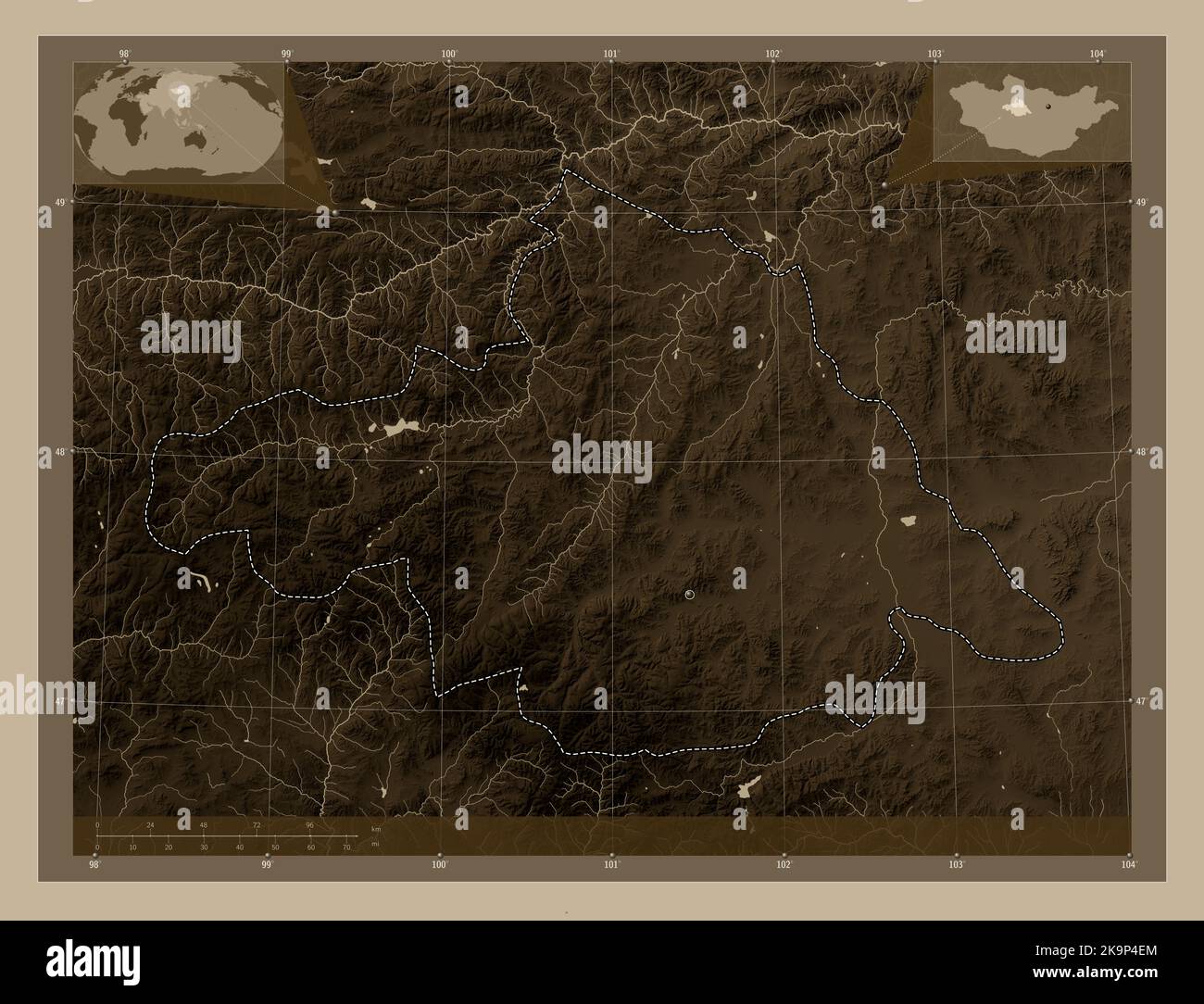 Arhangay, province of Mongolia. Elevation map colored in sepia tones ...