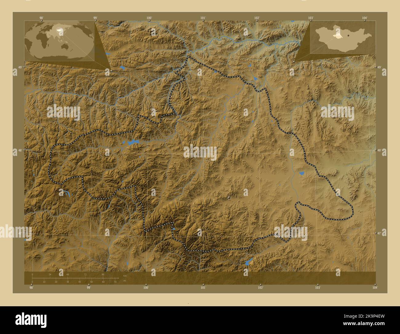 Arhangay, province of Mongolia. Colored elevation map with lakes and ...