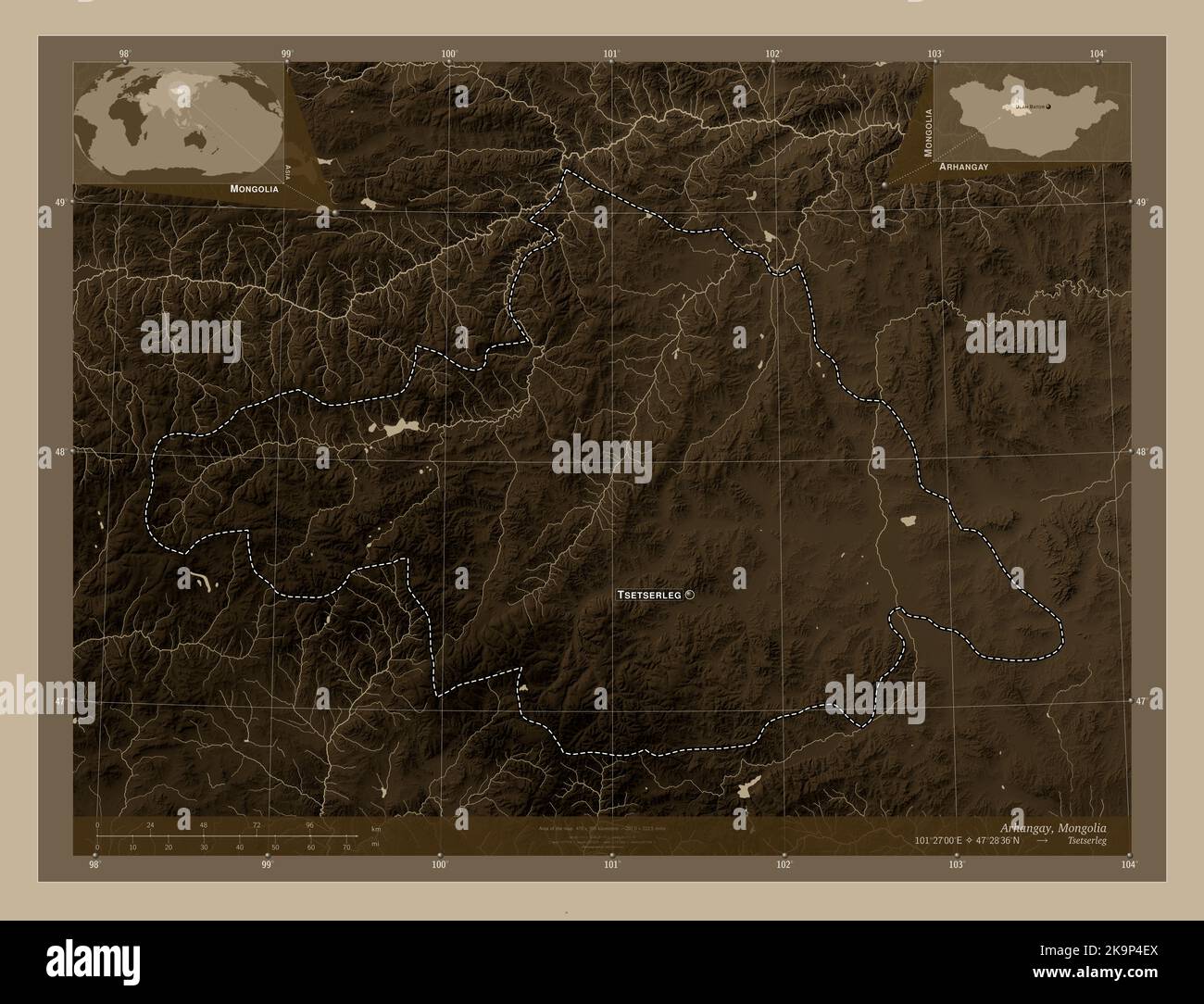 Arhangay, province of Mongolia. Elevation map colored in sepia tones ...