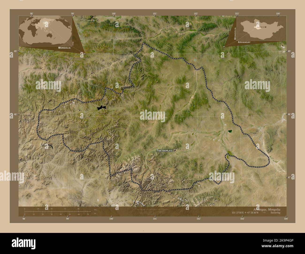 Arhangay, province of Mongolia. Low resolution satellite map. Locations ...