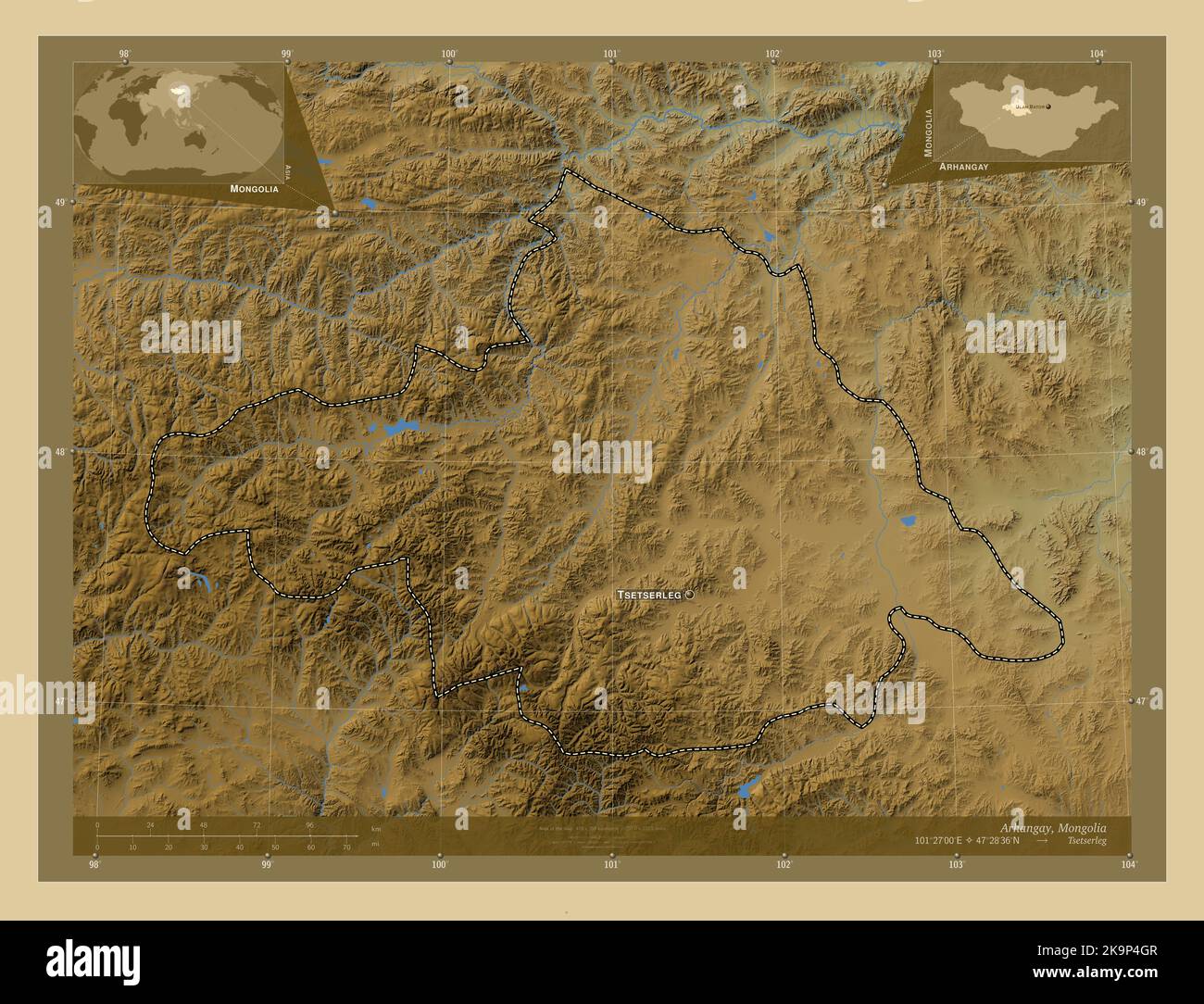 Arhangay, province of Mongolia. Colored elevation map with lakes and ...