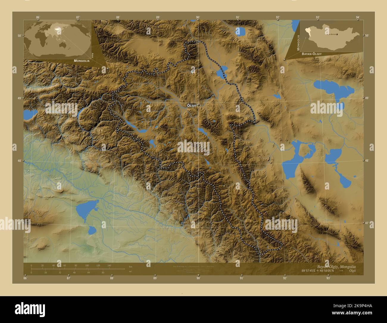Bayan-Olgiy, province of Mongolia. Colored elevation map with lakes and ...