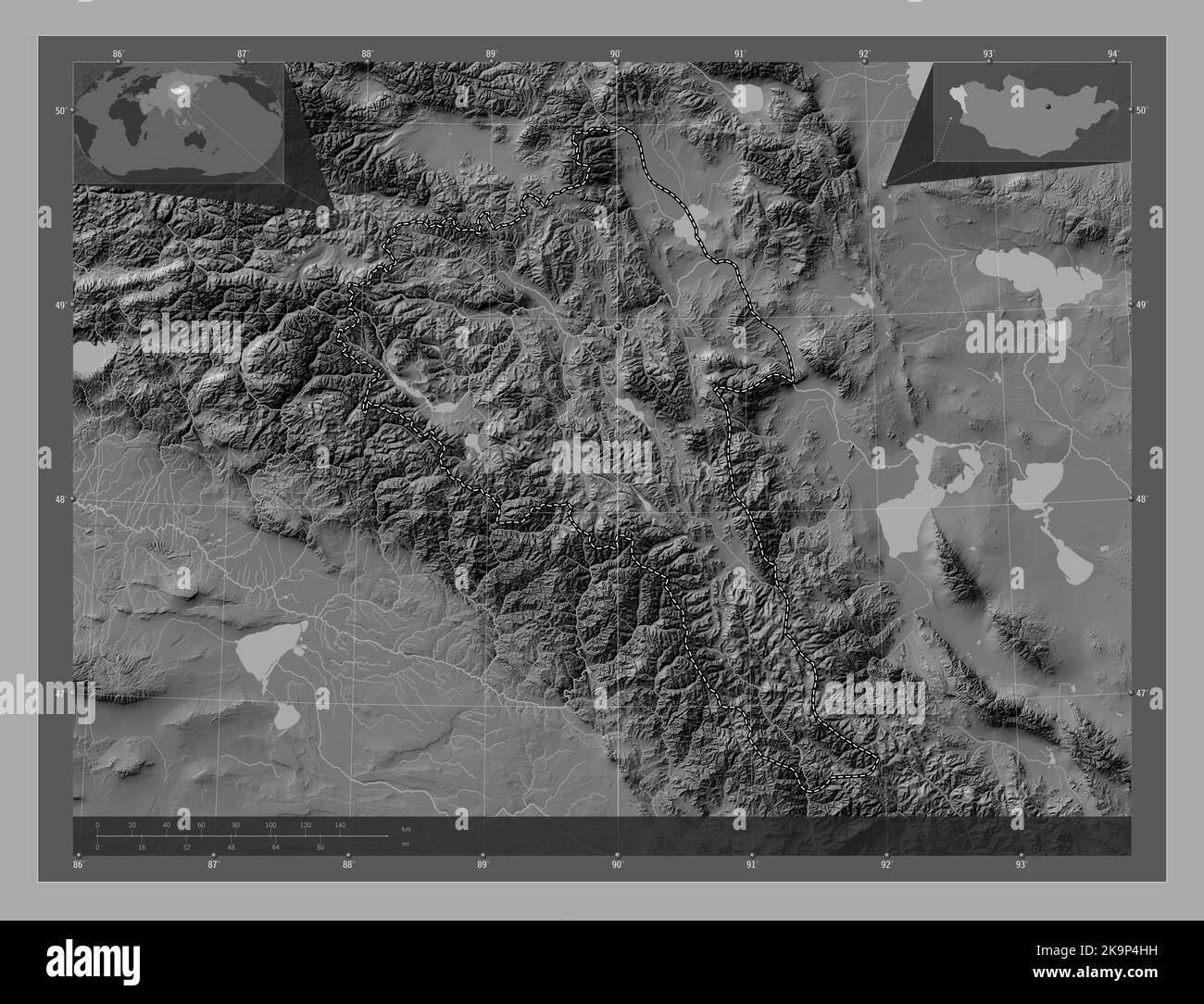 Bayan-Olgiy, province of Mongolia. Bilevel elevation map with lakes and ...