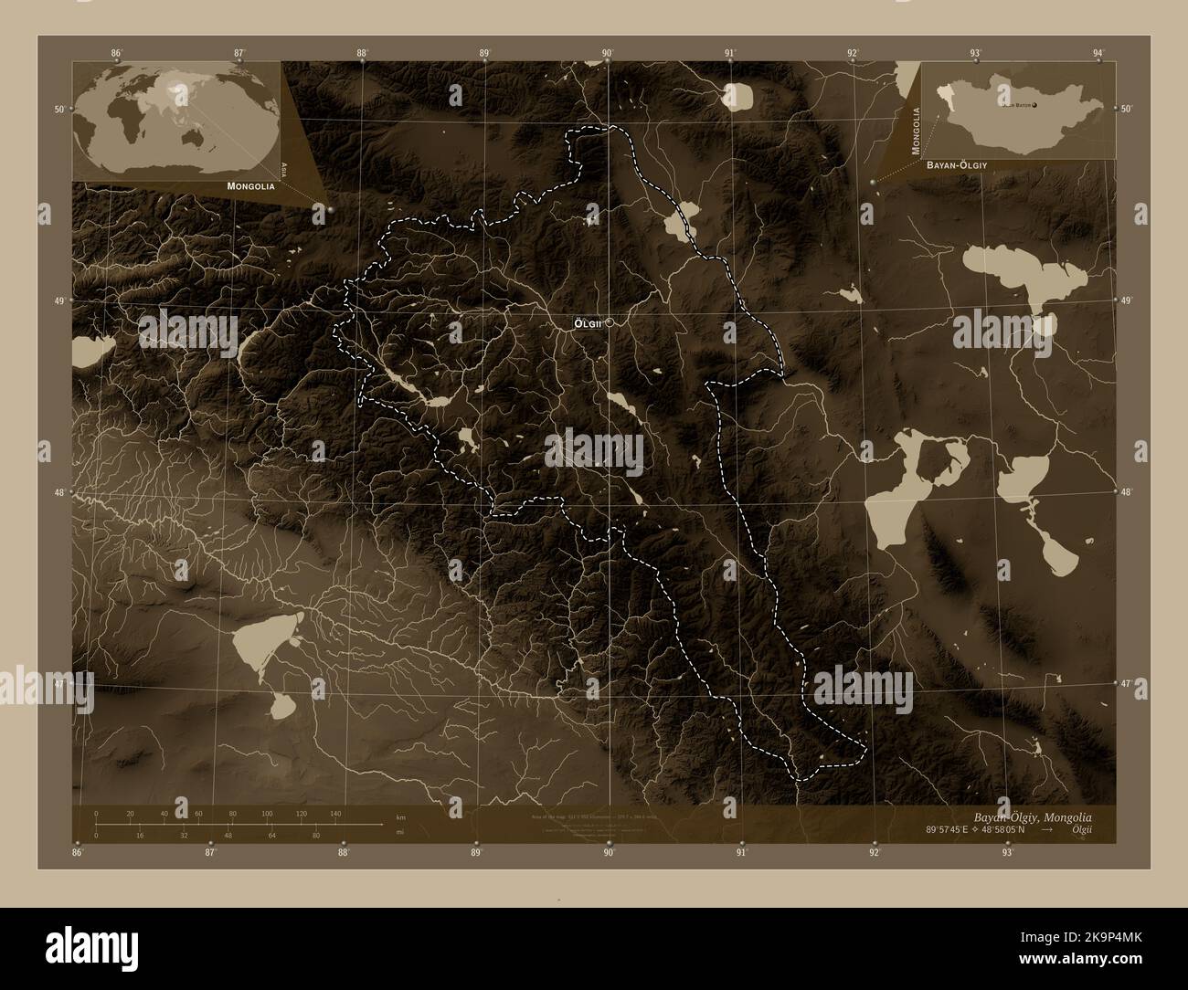 Bayan-Olgiy, province of Mongolia. Elevation map colored in sepia tones ...