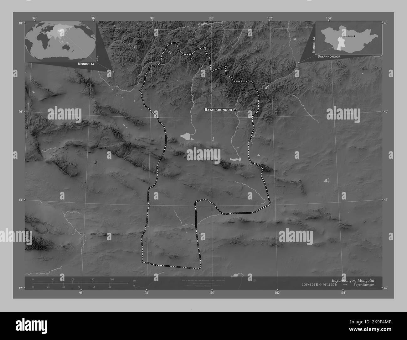 Bayanhongor, province of Mongolia. Grayscale elevation map with lakes ...