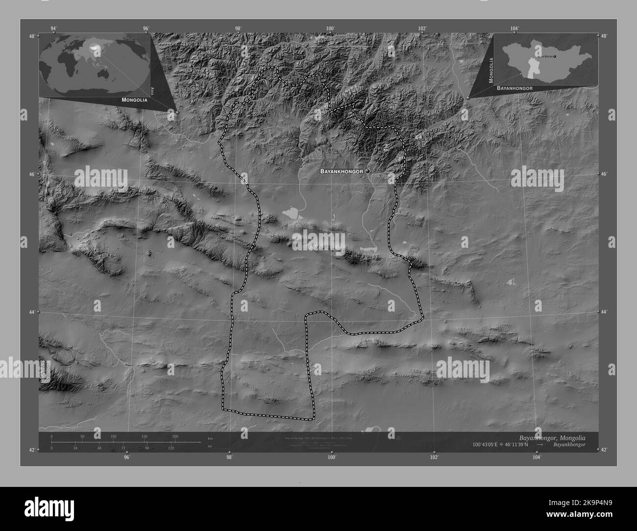 Bayanhongor, province of Mongolia. Bilevel elevation map with lakes and ...