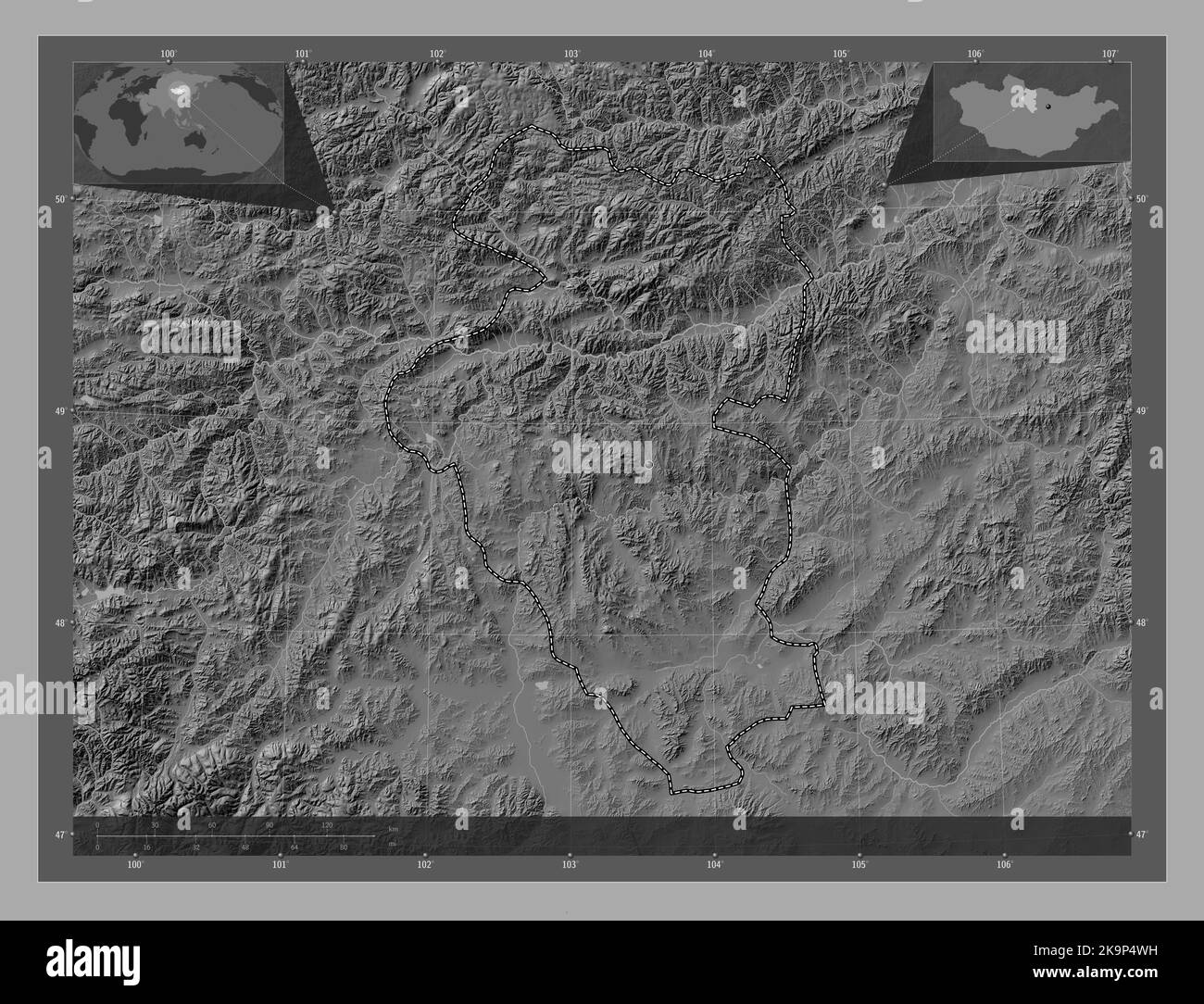 Bulgan, province of Mongolia. Bilevel elevation map with lakes and ...