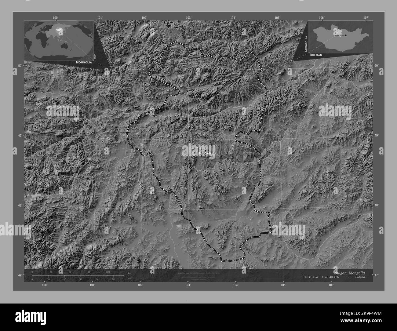 Bulgan, province of Mongolia. Bilevel elevation map with lakes and ...