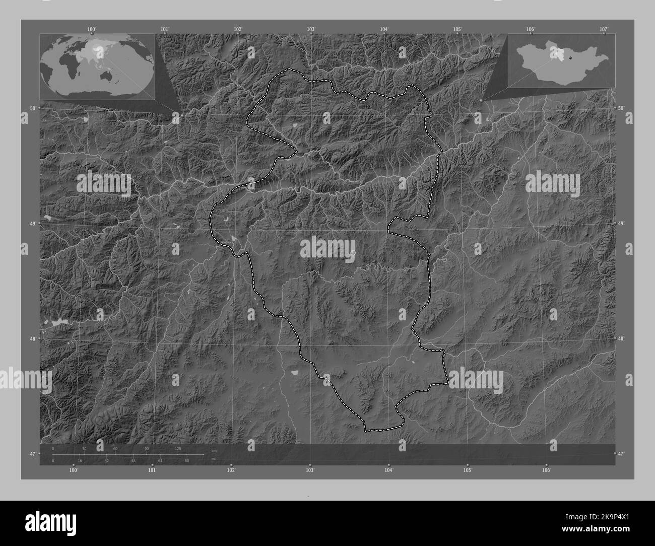 Bulgan, province of Mongolia. Grayscale elevation map with lakes and ...