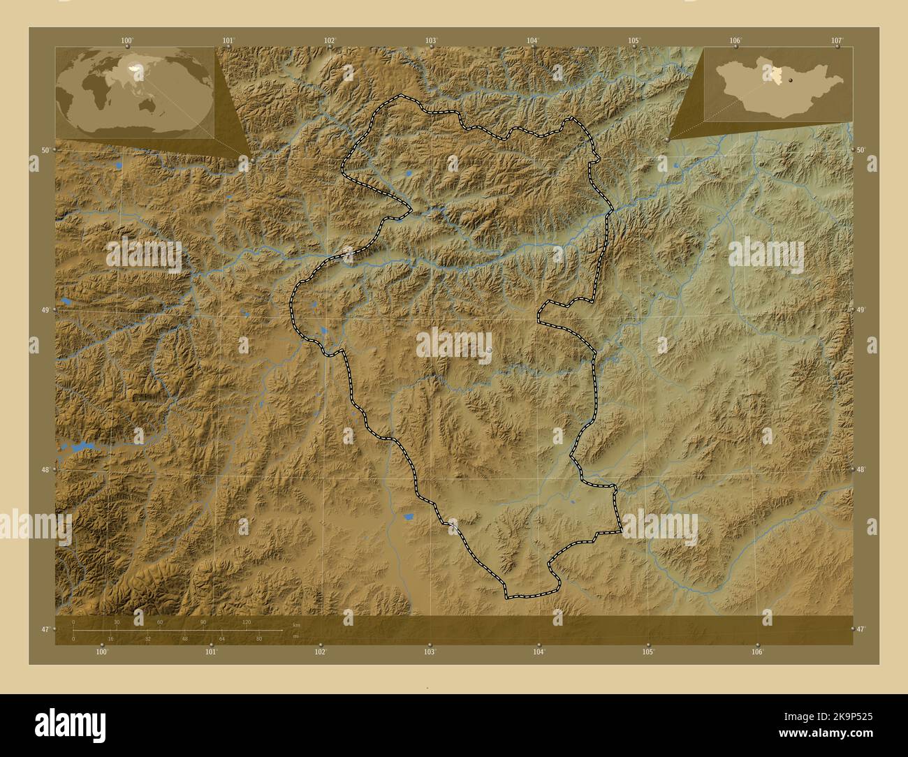 Bulgan, province of Mongolia. Colored elevation map with lakes and ...