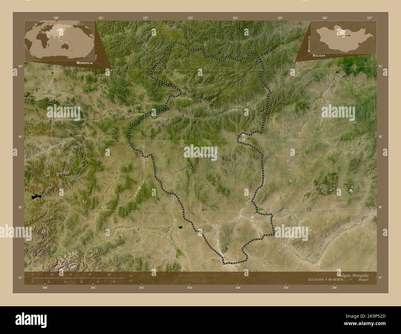 Bulgan, province of Mongolia. Low resolution satellite map. Locations ...