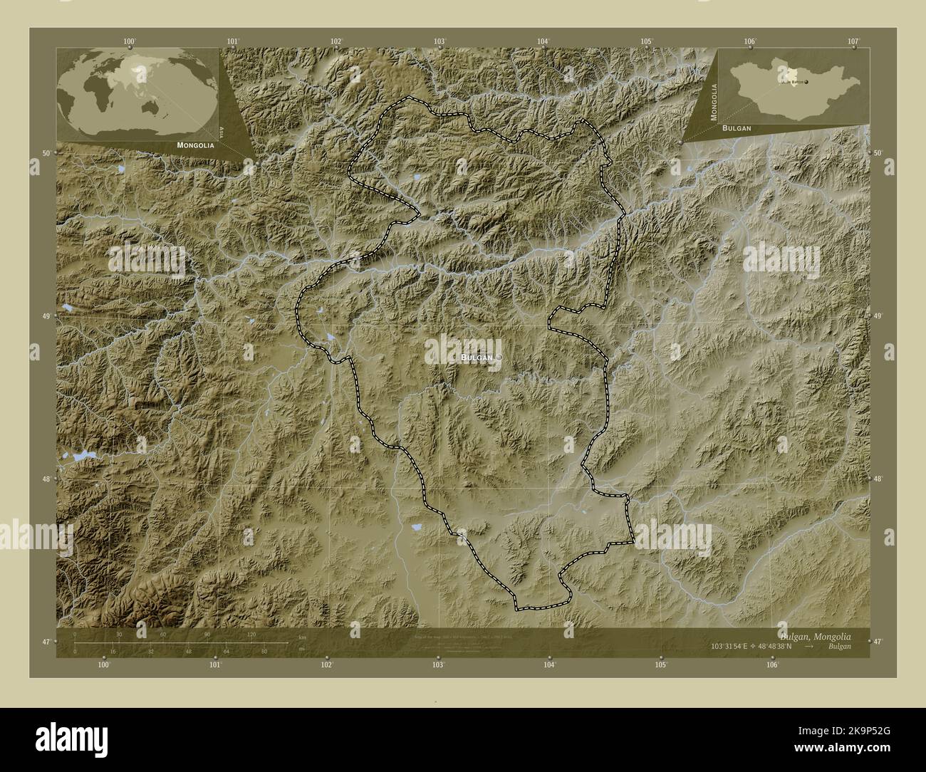 Bulgan, province of Mongolia. Elevation map colored in wiki style with ...