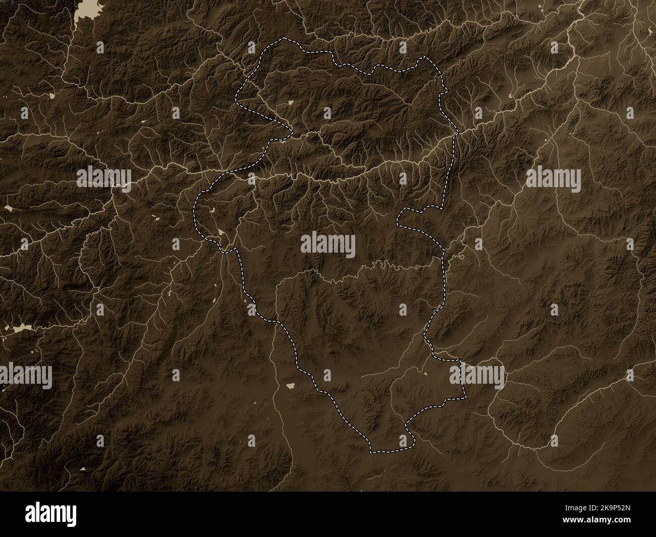 Bulgan, province of Mongolia. Elevation map colored in sepia tones with ...