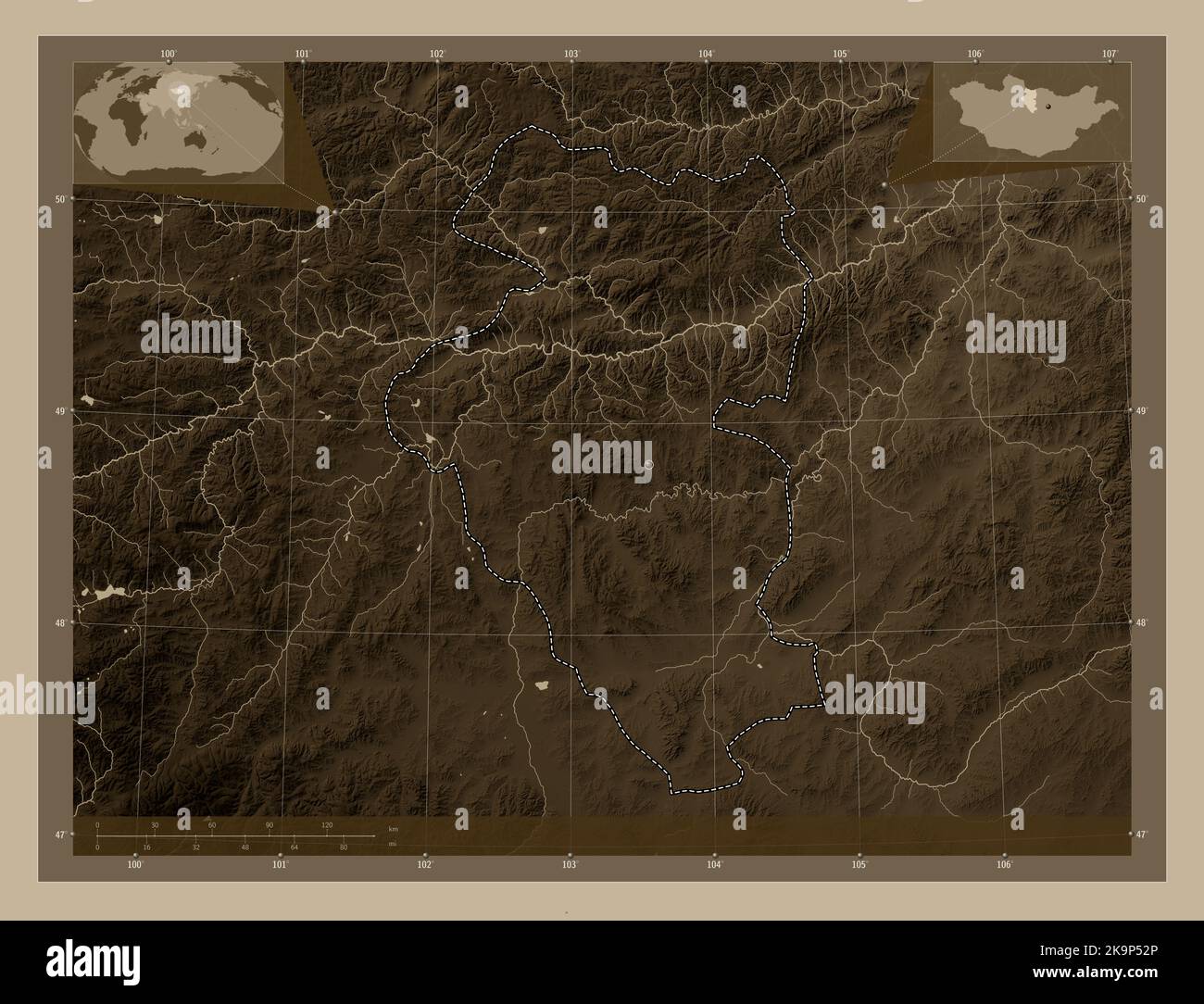 Bulgan, province of Mongolia. Elevation map colored in sepia tones with ...