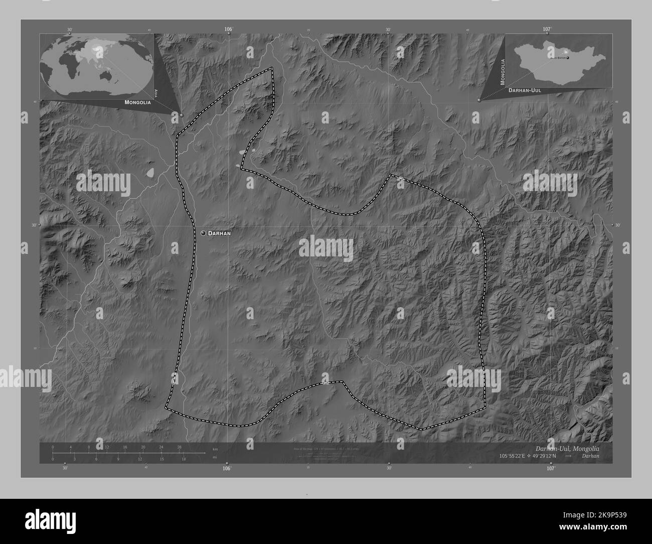Darhan-Uul, municipality of Mongolia. Grayscale elevation map with ...
