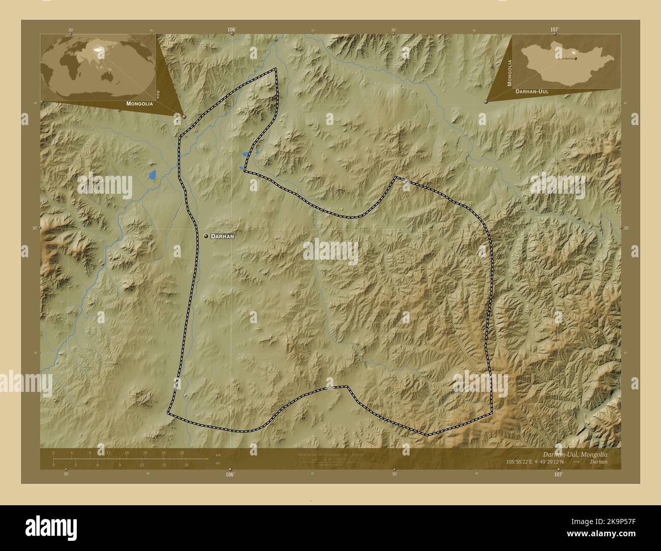 Darhan-Uul, municipality of Mongolia. Colored elevation map with lakes ...
