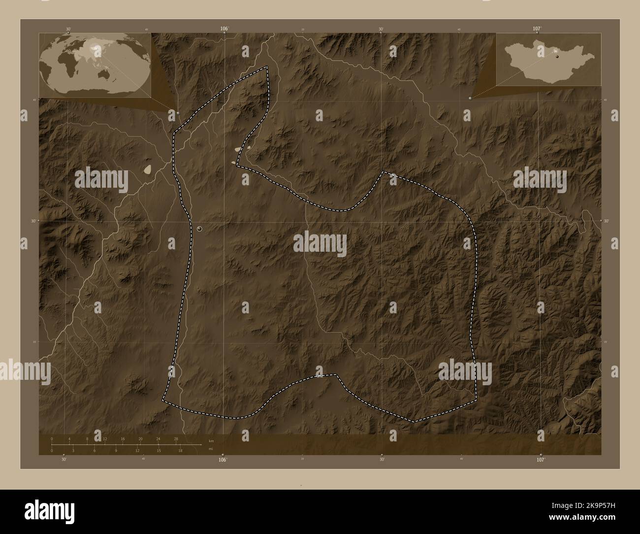 Darhan-Uul, municipality of Mongolia. Elevation map colored in sepia ...