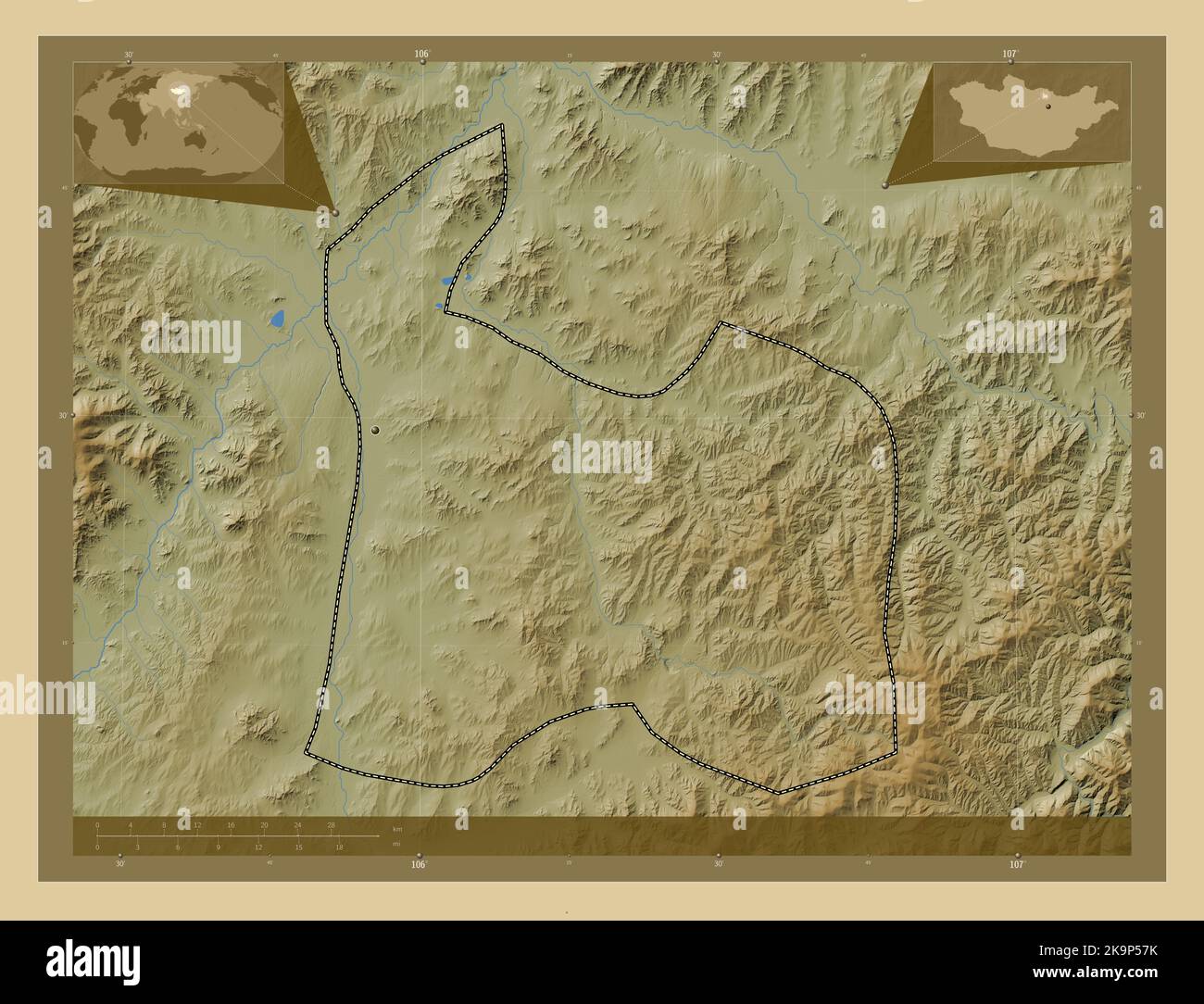 Darhan-Uul, municipality of Mongolia. Colored elevation map with lakes ...